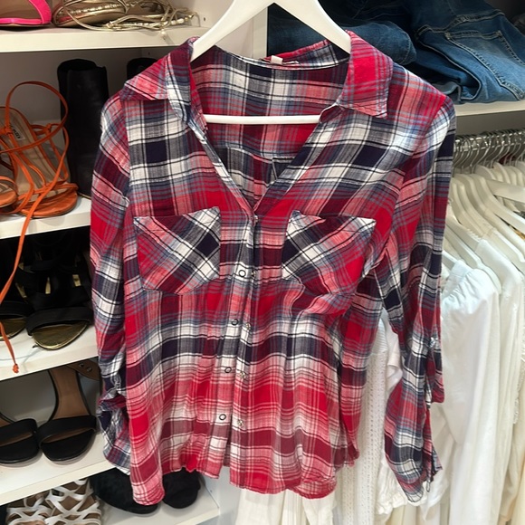 Tops | Red And Blue Plaid Button Down Blouse Flannel Style | Poshmark